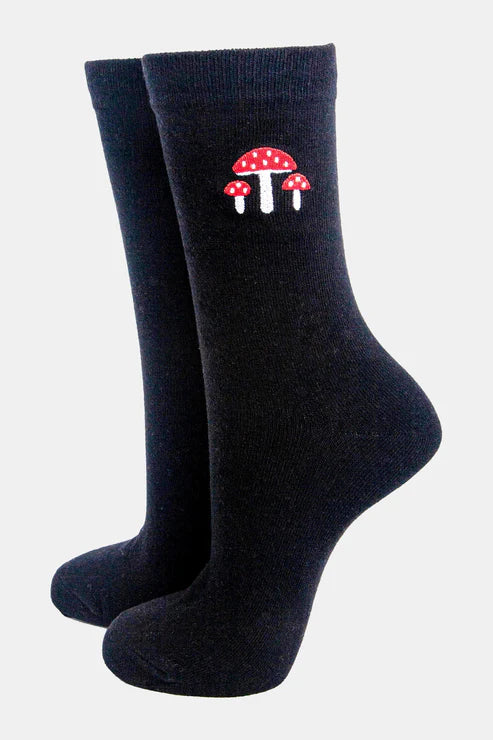 Sock Talk Women's Embroidered Ankle Socks- Black, Toadstools – Lark London